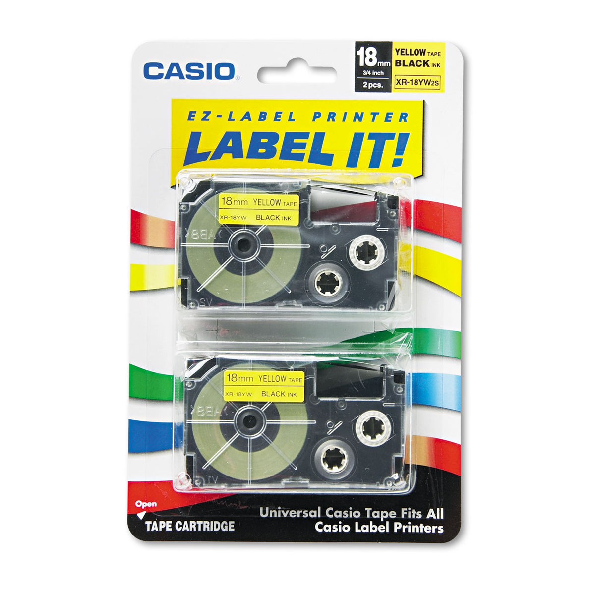 Tape Cassettes for KL Label Makers, 0.75" x 26 ft, Black on Yellow, 2 ...