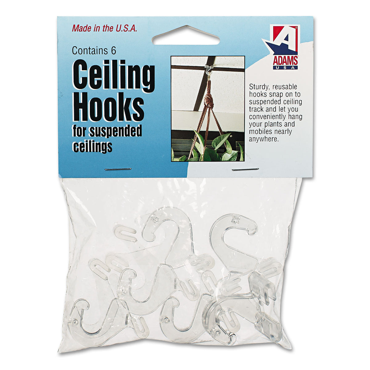 Clear Plastic Ceiling Hooks, 5/16 x 3/4 x 1 3/8, 6/Pack — One Source Supply